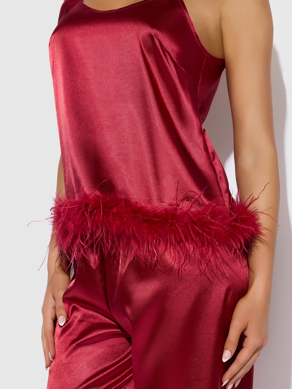 Scarlett Satin Sleep Cami & Long Pant With Feather Trim - Frederick's ...